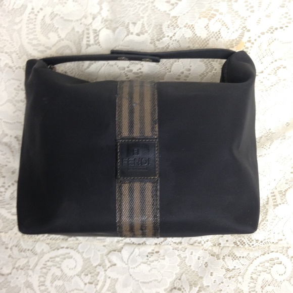 Fendi | Bags | Fendi Rare Black Nylon Pequin Stripes Trim Pouch | Poshmark